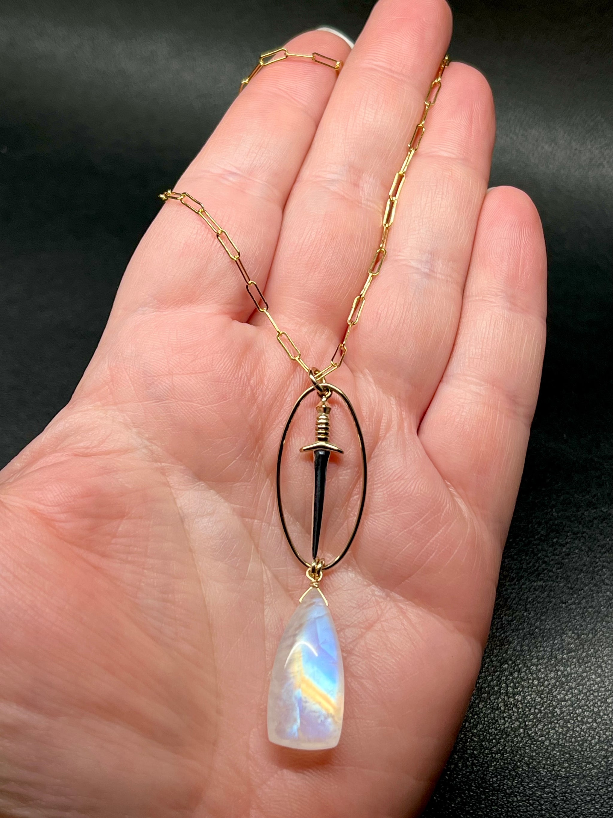 •NYX• rainbow moonstone + dagger + mixed metal necklace (18"-20")