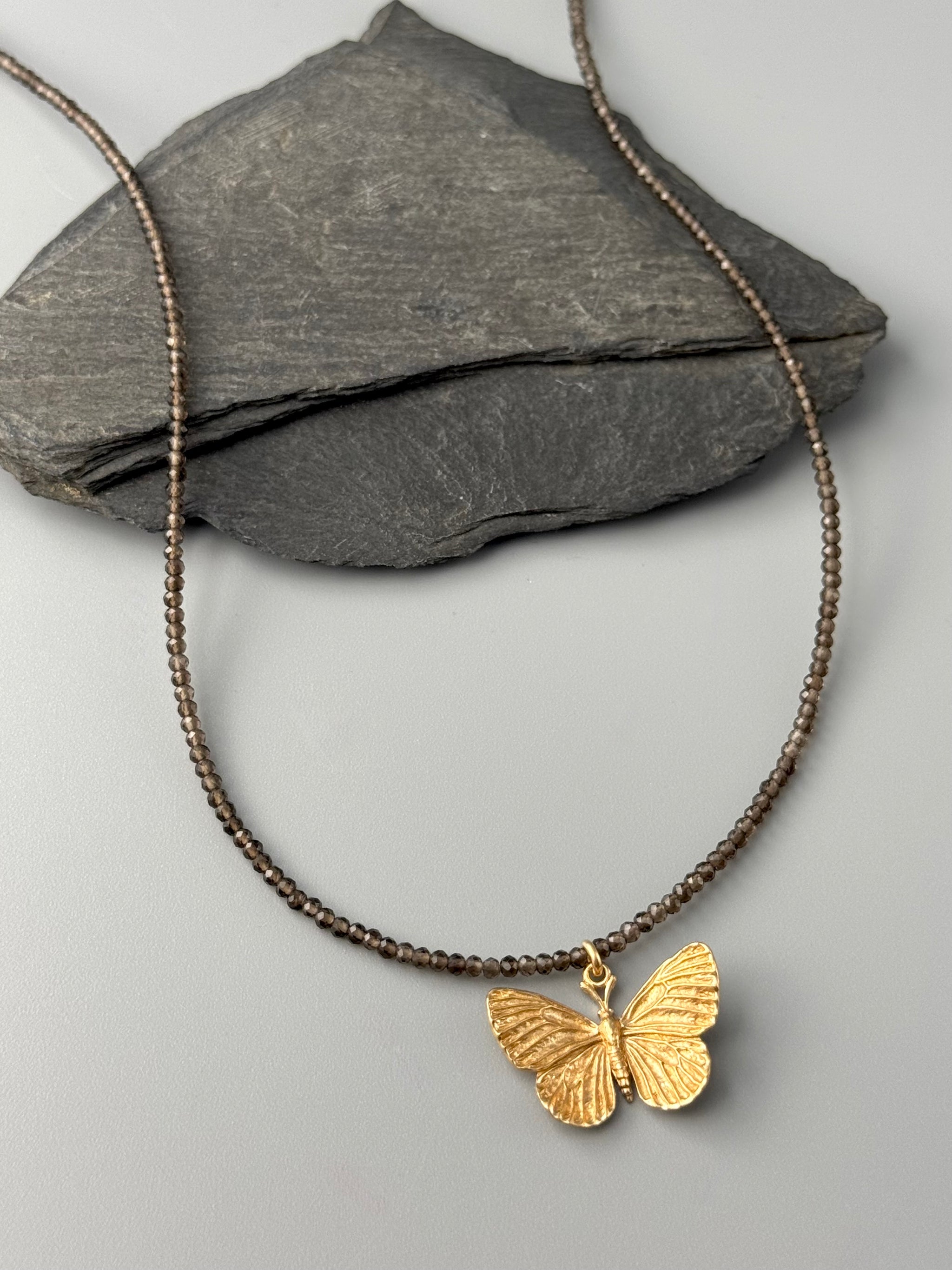 •FLUTTER• smoky quartz + gold beaded necklace (24" long)