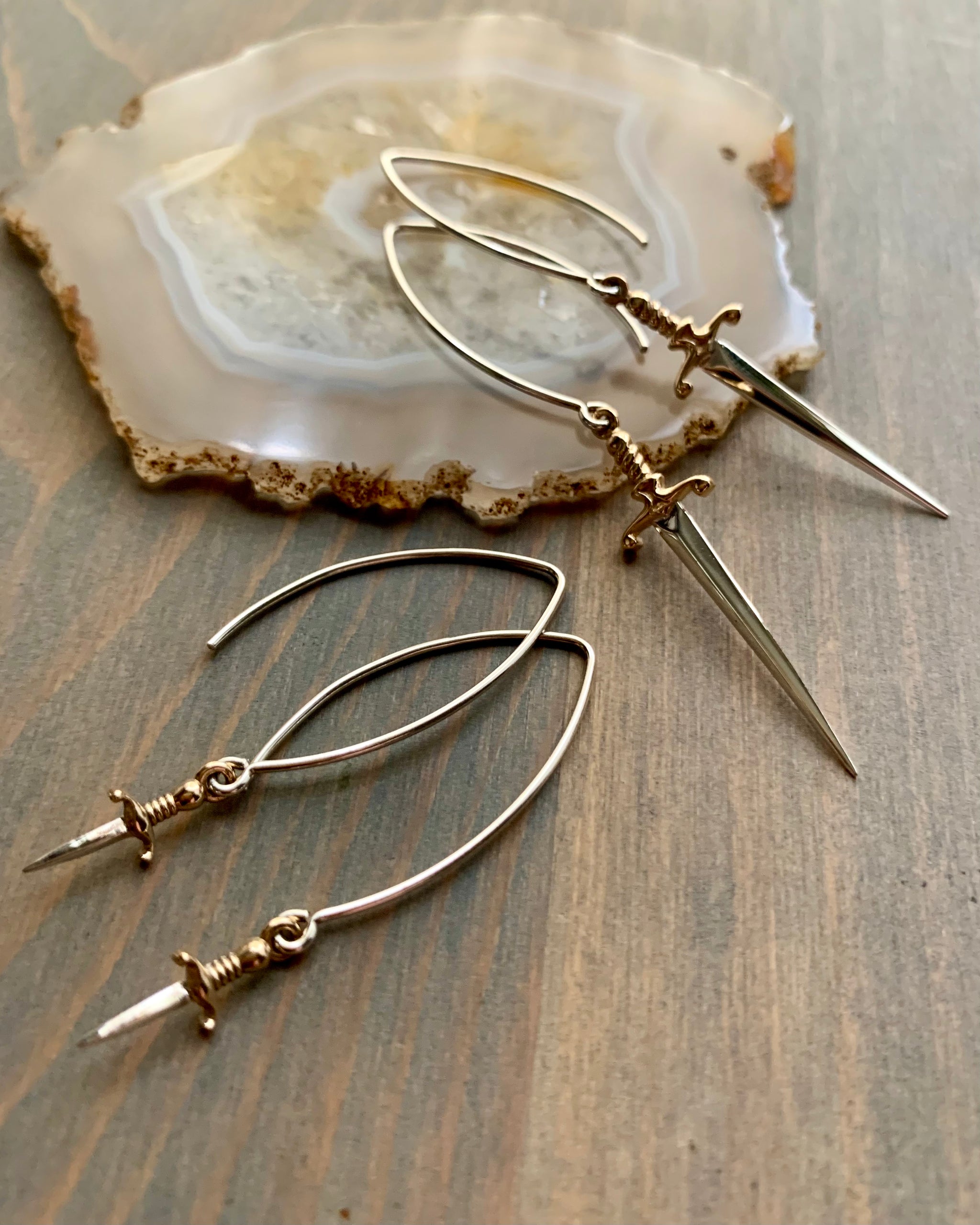 DELICATE LIKE A DAGGER • small or large mixed metal dangle earrings